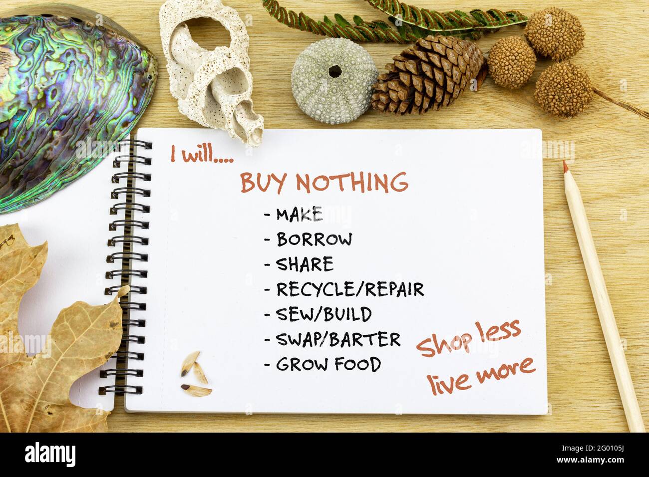 Note book with I will buy less text, make, borrow, share, recycle ...