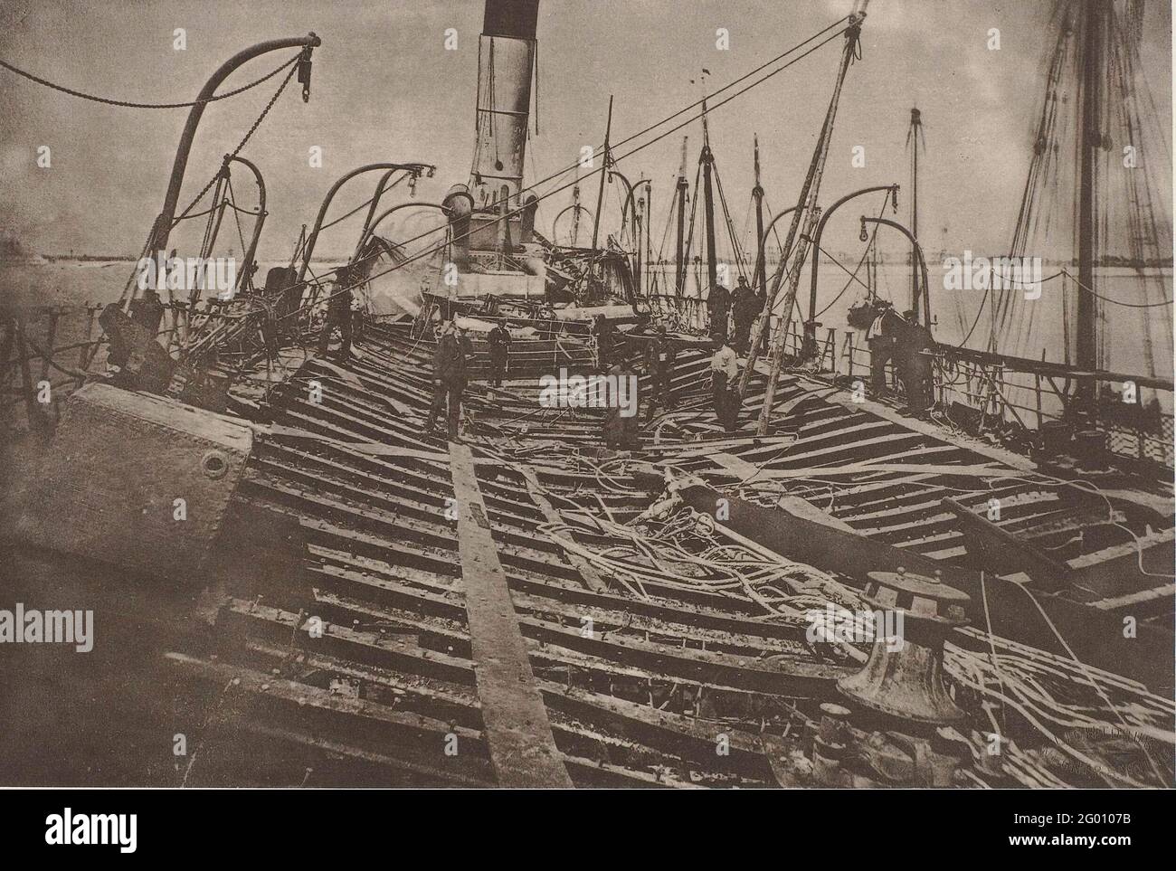 Steamship Willem III, after the fire of 1871; The burnt steamship ...