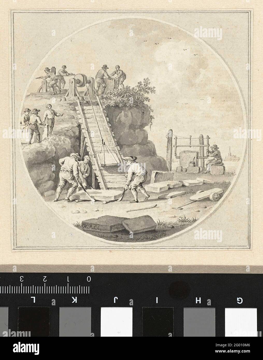 Workmen in a quarry. Workers in a quarry working on sawing and cutting ...