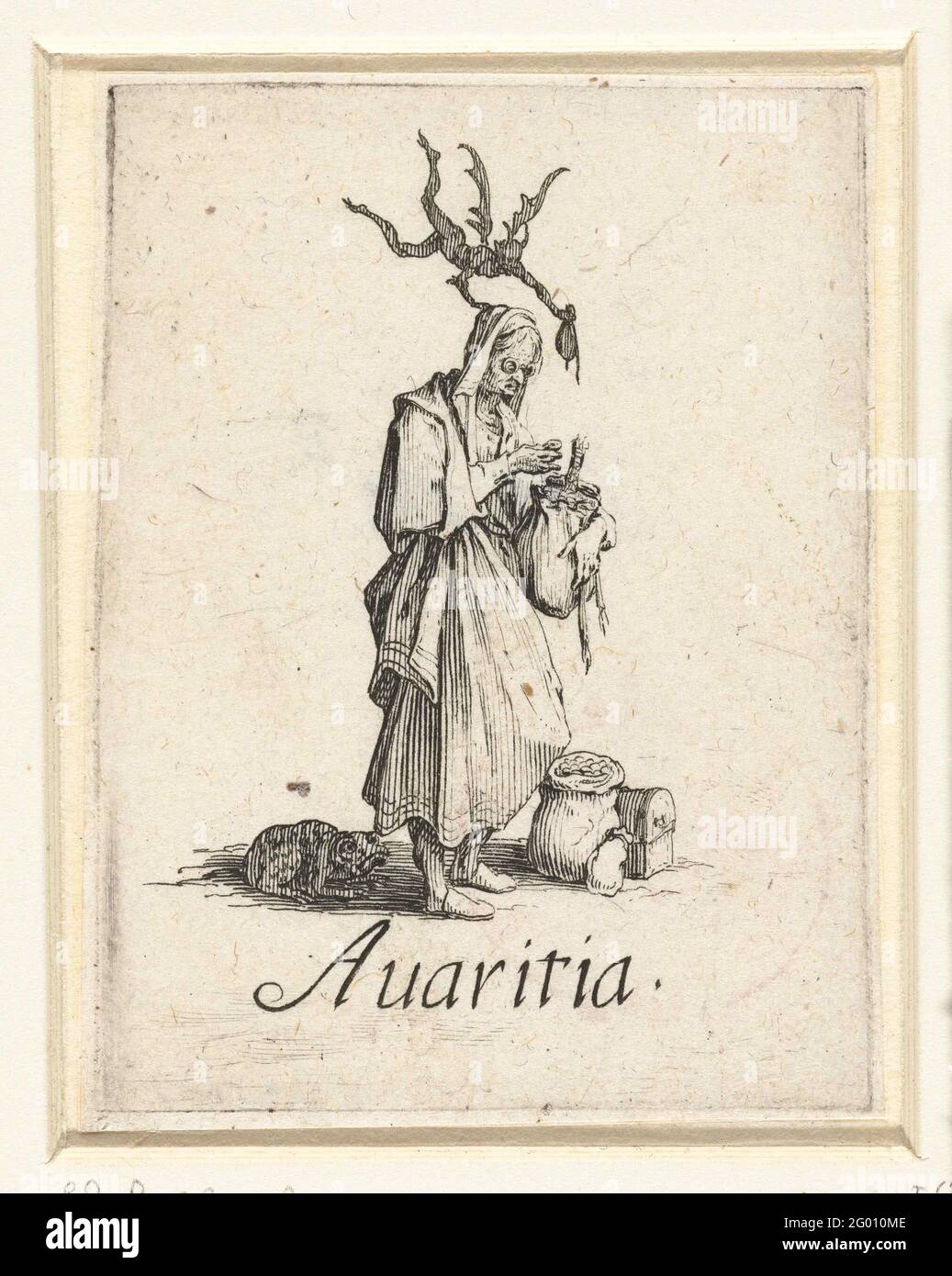 Violence; Avaritia; Seven deadly sins. An old woman is holding a well ...