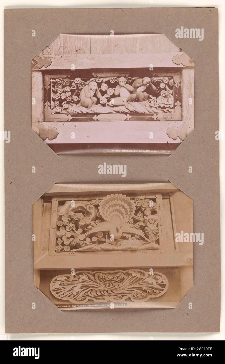 Wood carving of a peacock, planets and flowers, Yomeinon gate, Shinto ...