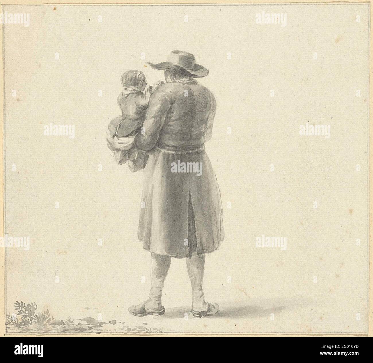 Standing man with child on the arm, seen on the back Stock Photo - Alamy