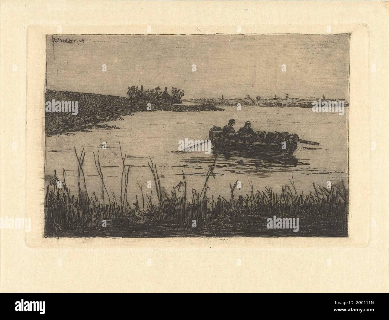 Rowing boat with two figures on the zaan Stock Photo - Alamy