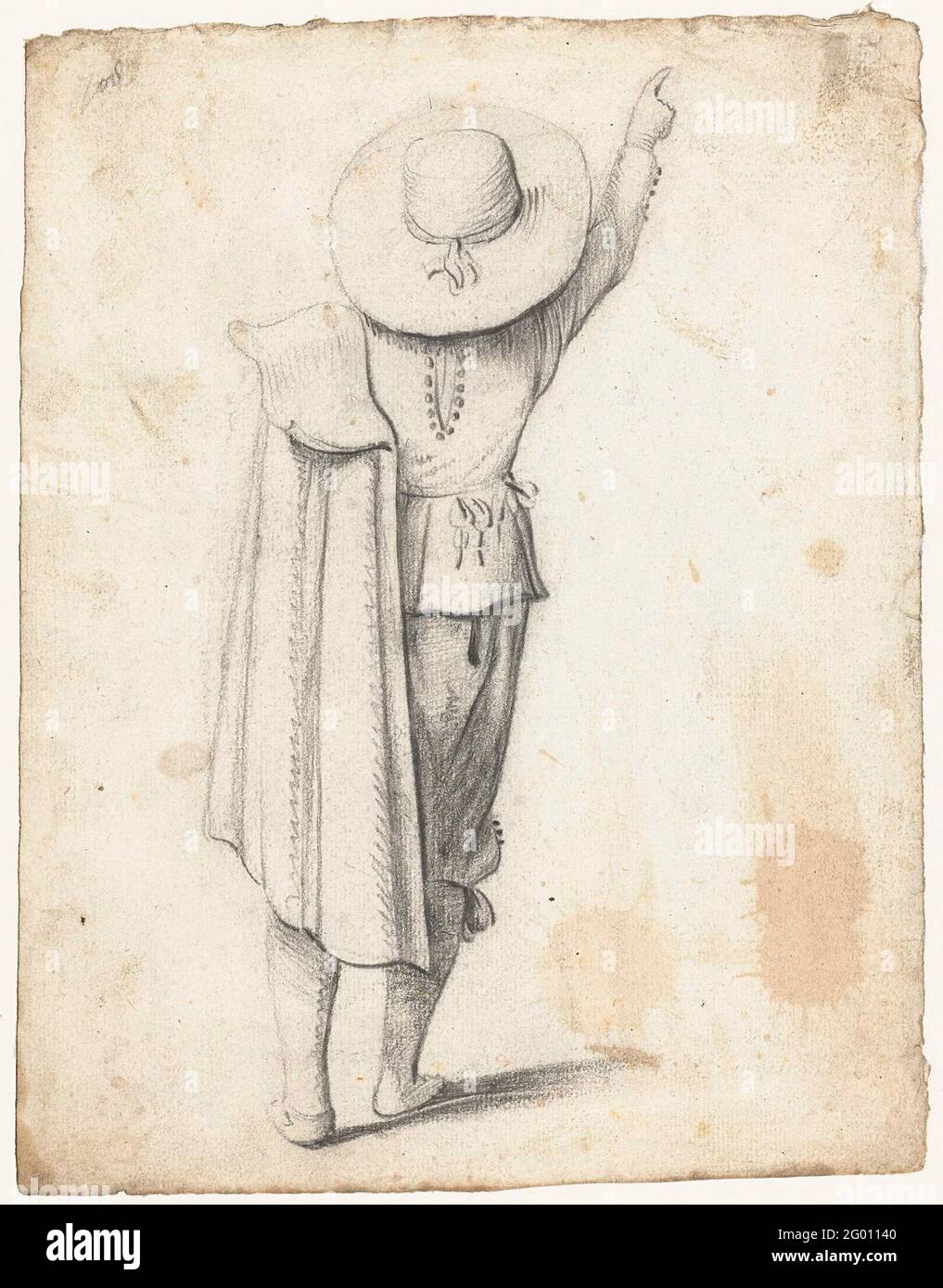 Standing boy with a cloak, seen from behind. Standing boy with pointing ...