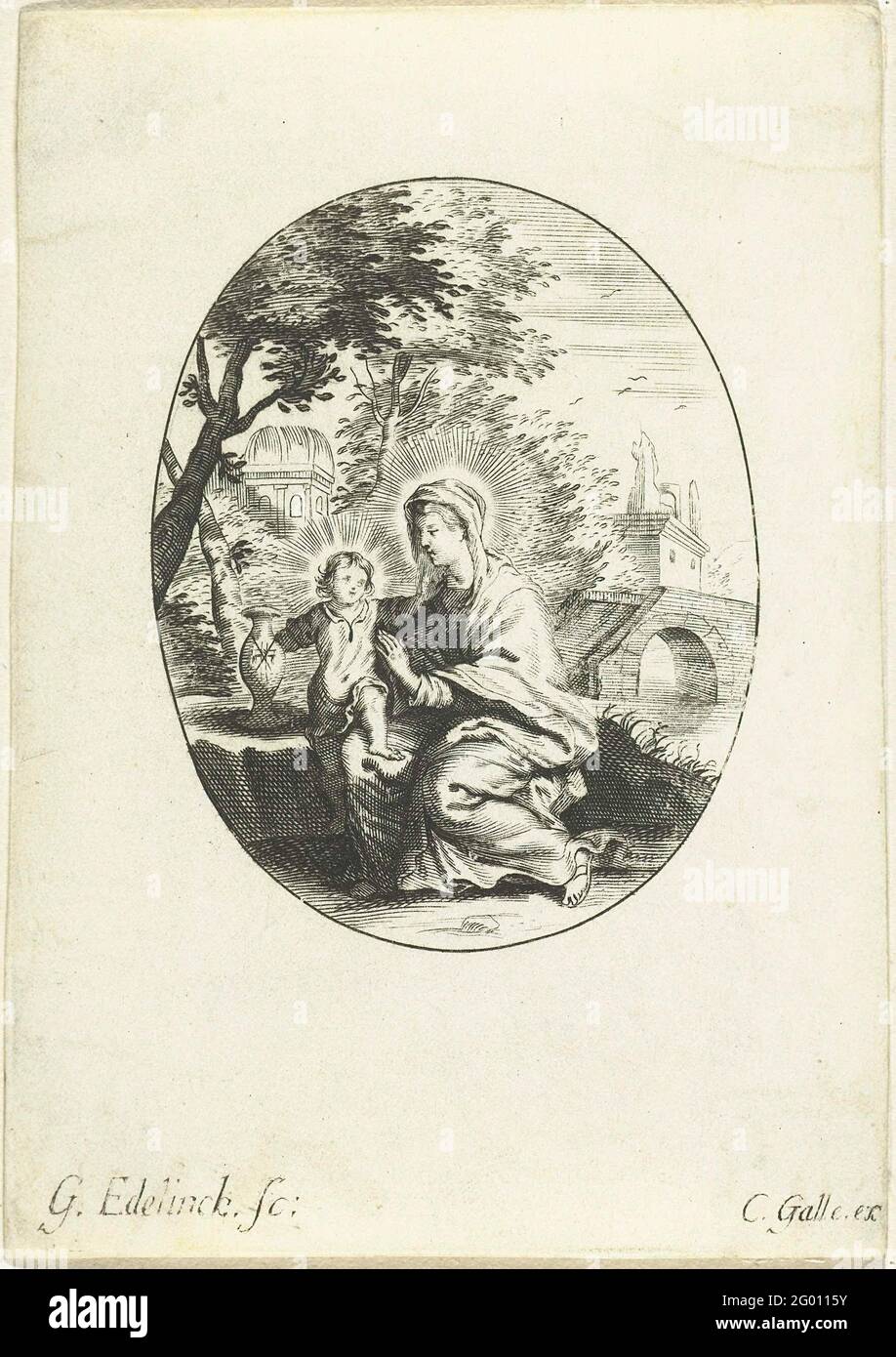 Maria with child in landscape. Maria is sitting with the Christ child ...