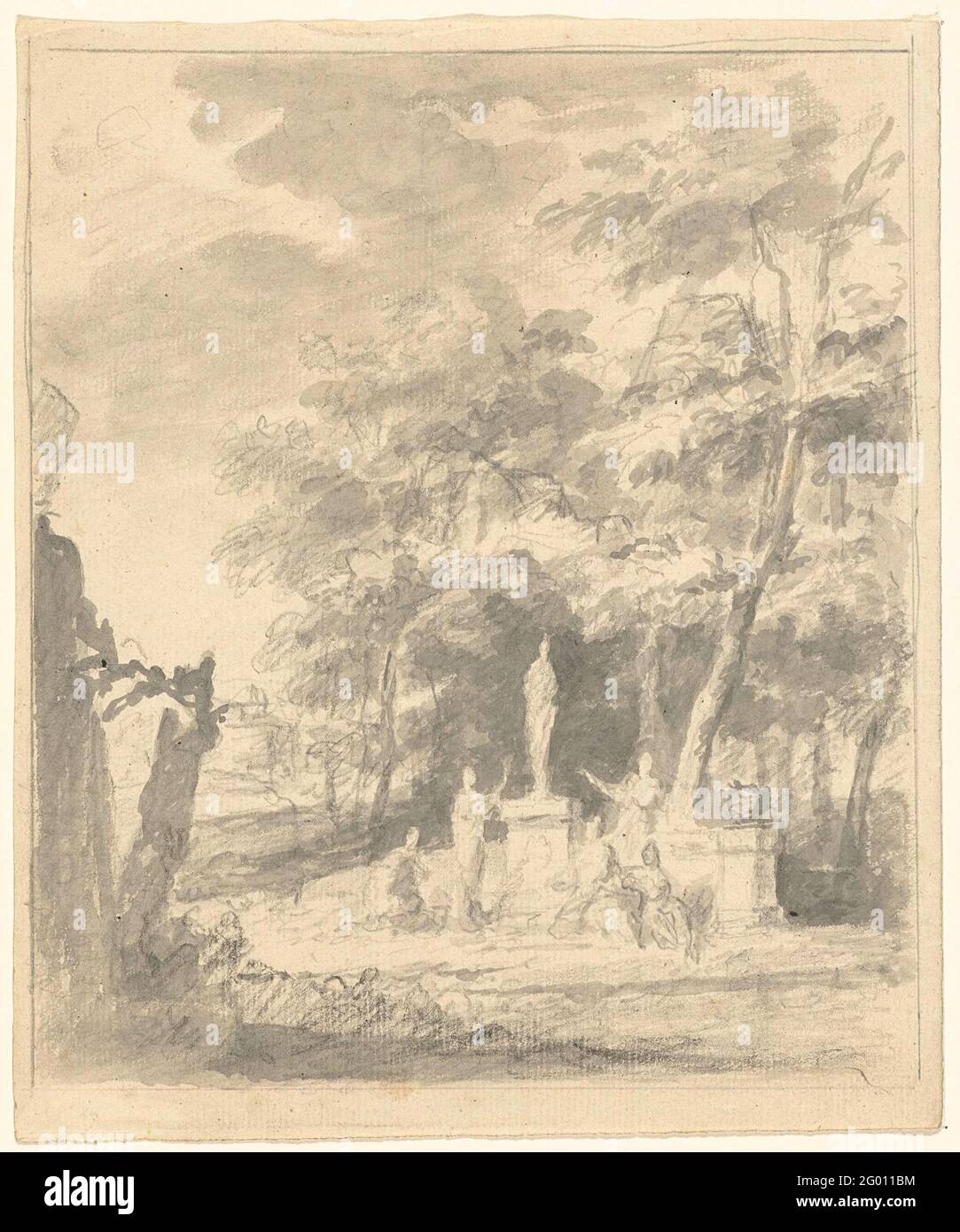 Arcadian landscape with figures around a statue Stock Photo - Alamy