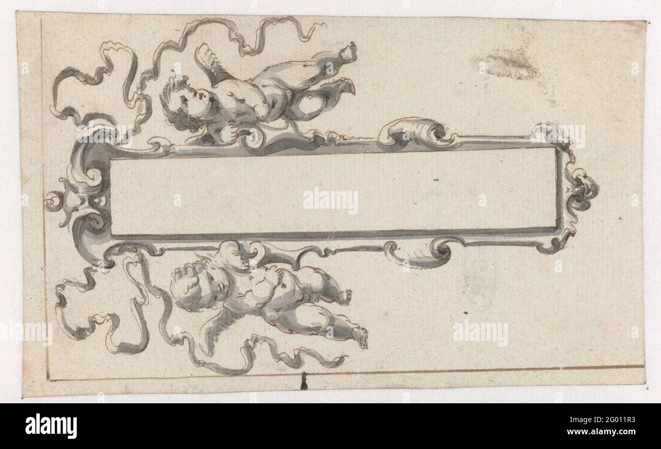 Elongated cartouche with two putti. Design for a print Stock Photo - Alamy