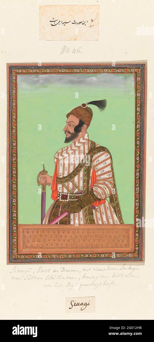 Portrait of Shivaji. Shivaji (1627-1680) has been depicted to his hips ...