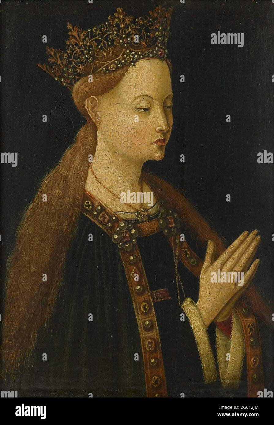 The Virgin. Half figure of Mary, crowned, with folded hands to the ...