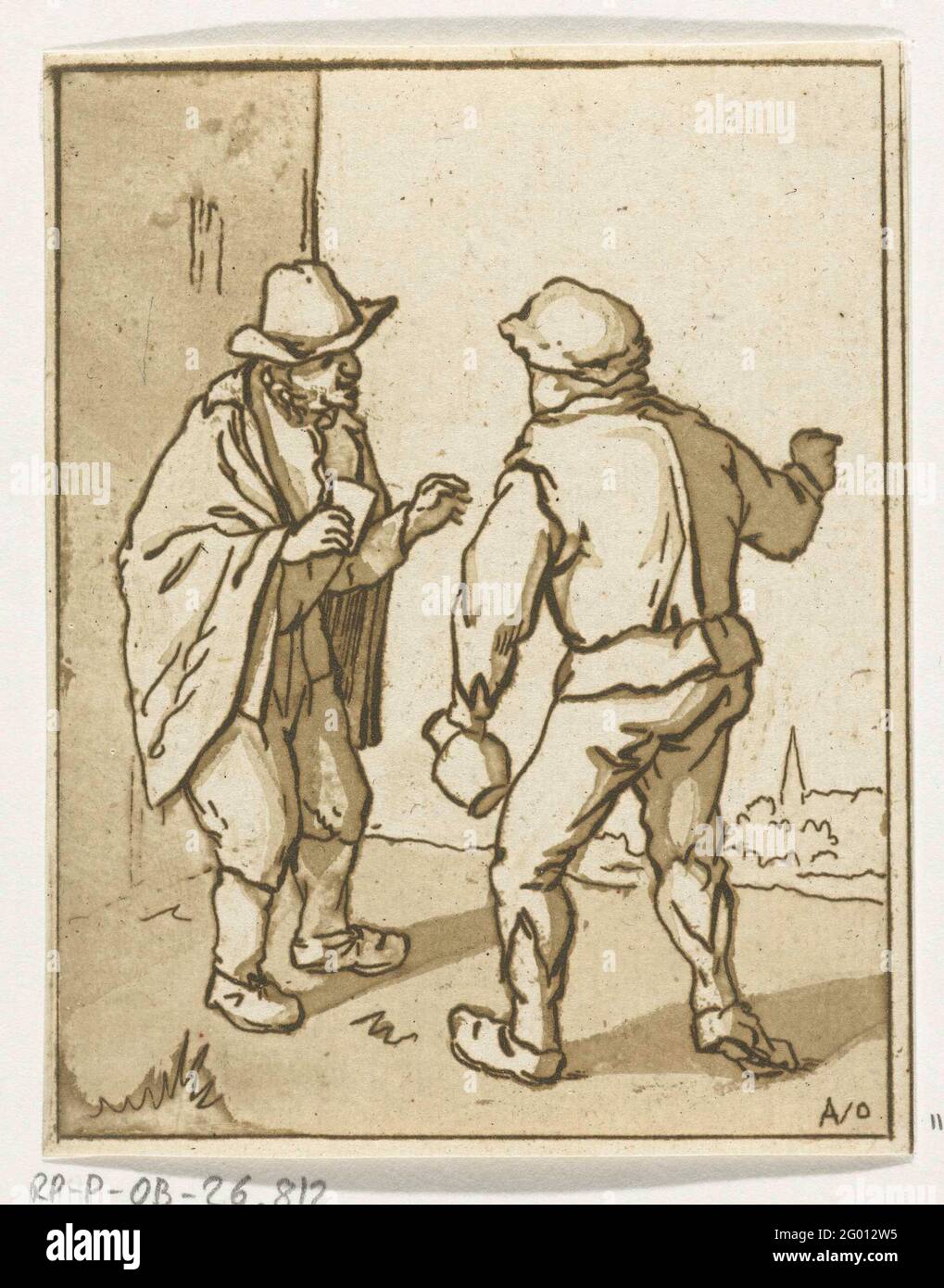 Two standing men in conversation. Two men meet on the road. The one ...