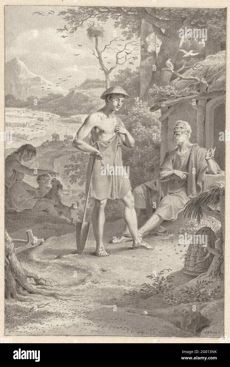 Design for a book illustration with an old narrator and a young family ...