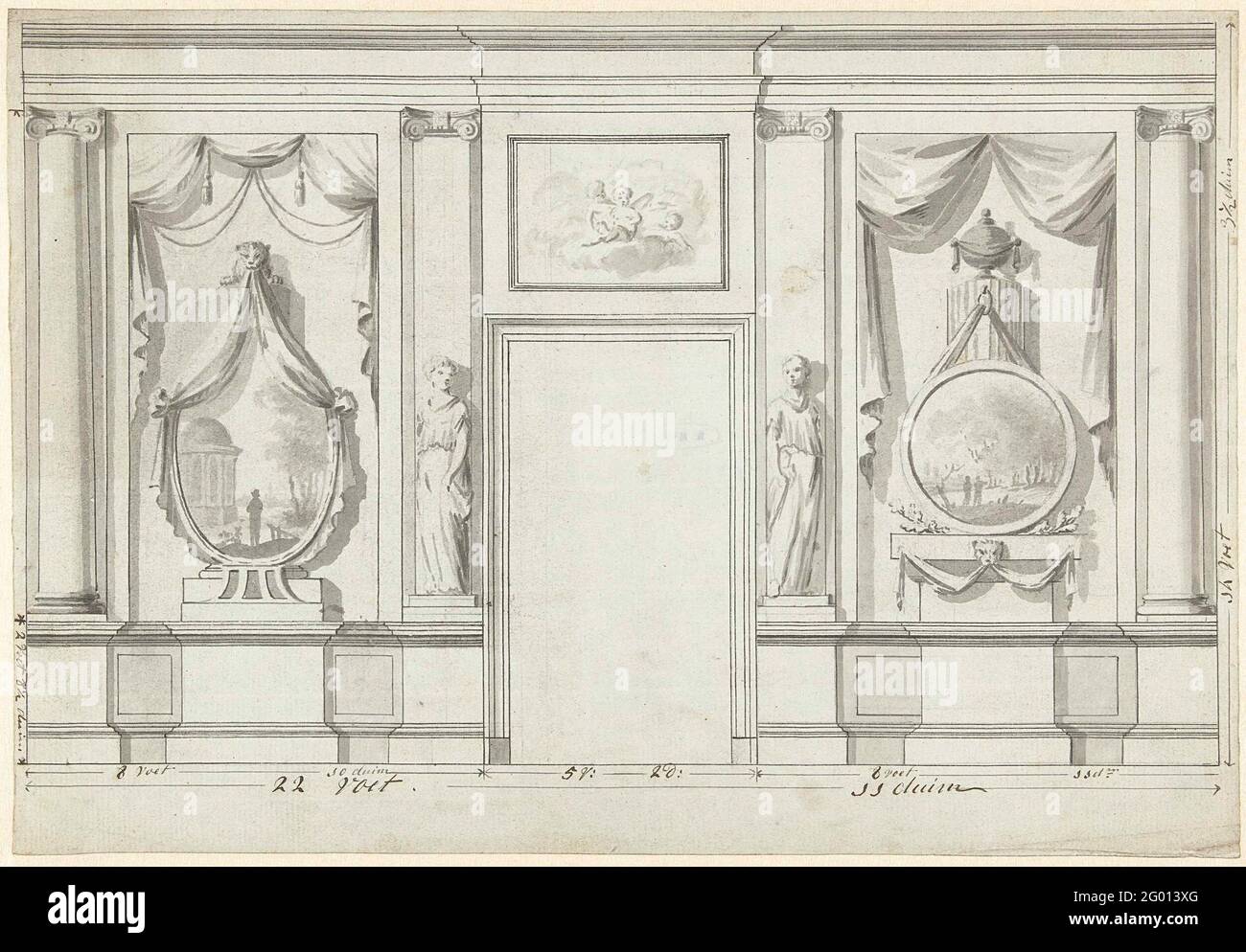 Design for room decorations with two panels with landscapes and a door ...