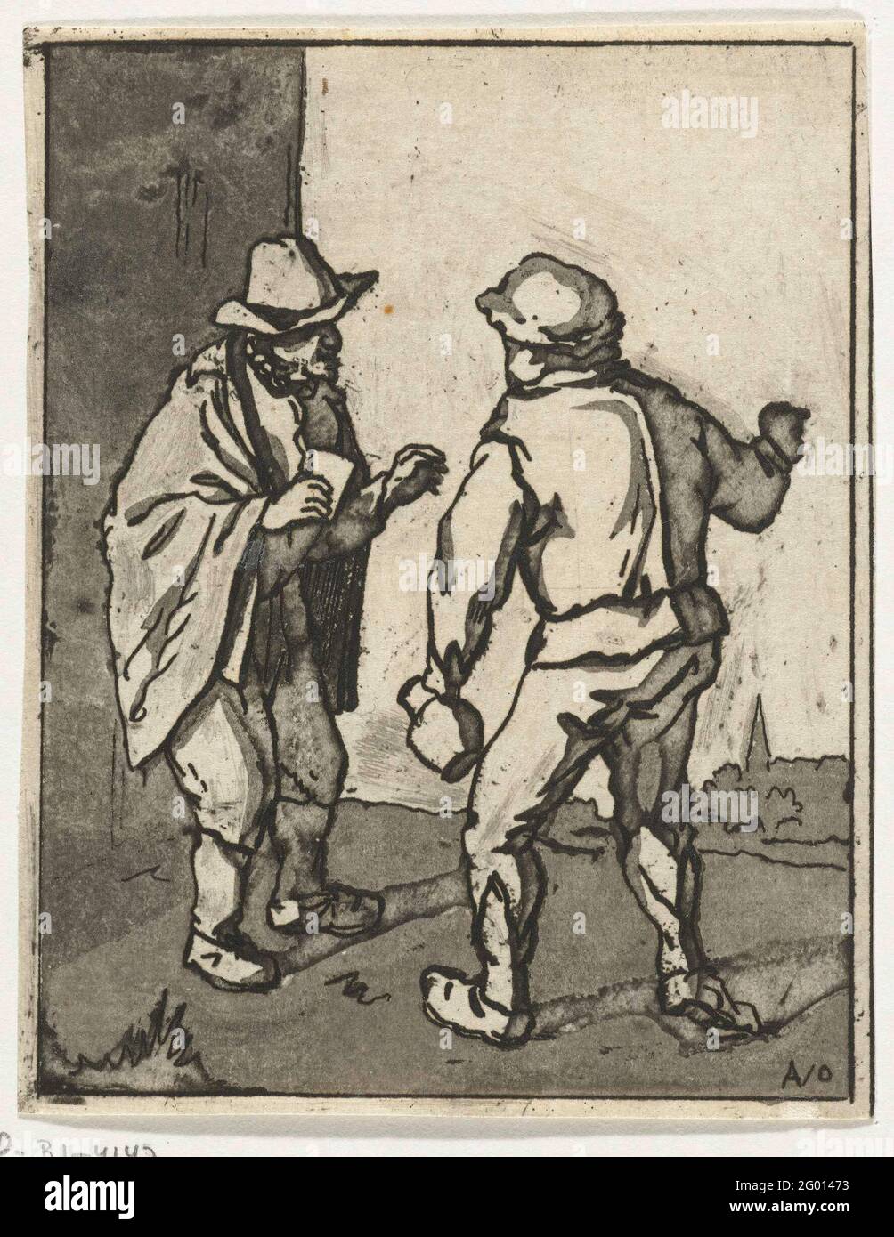 Two standing men in conversation. Two men meet on the road. The one ...