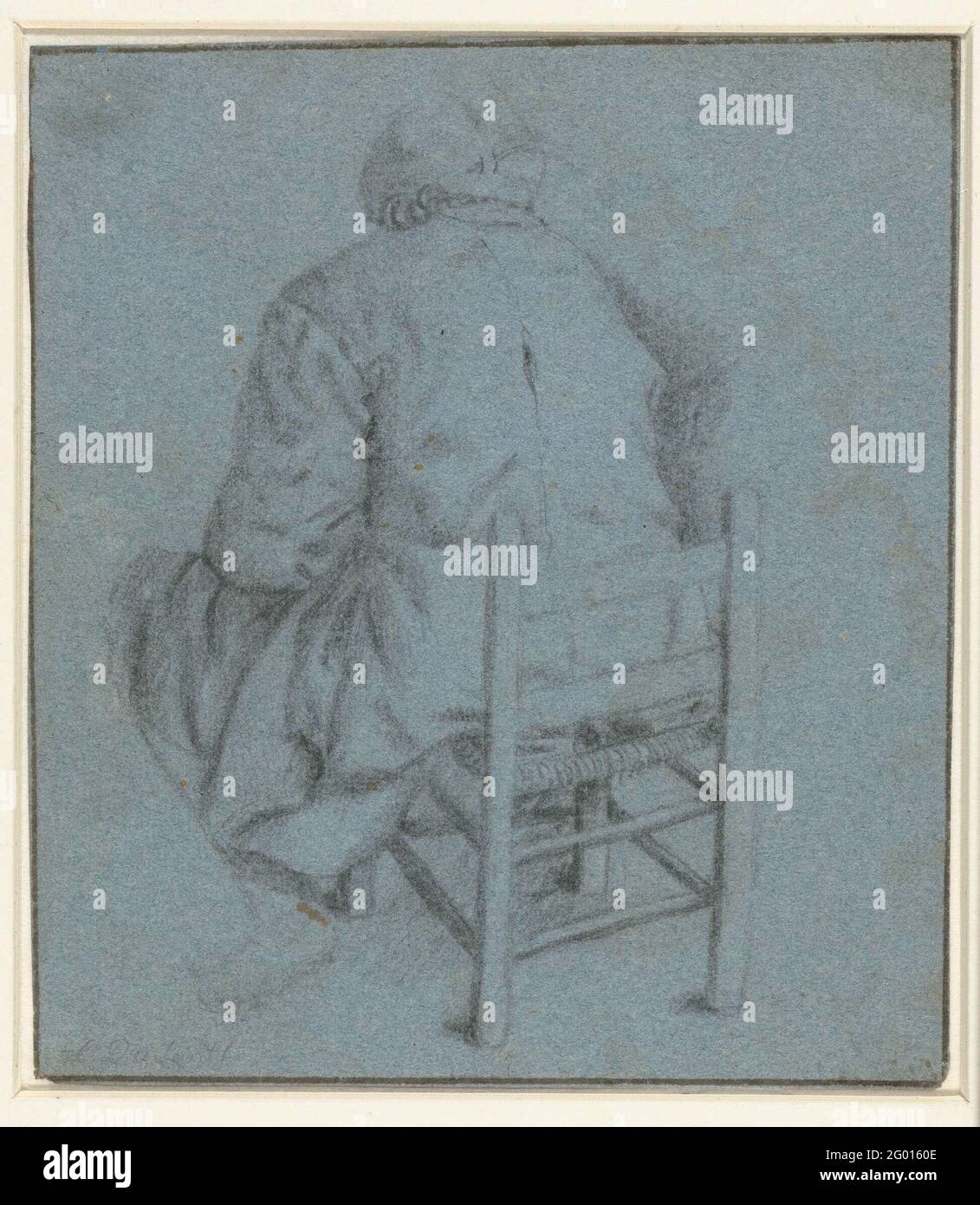 Figure seated on a low chair, seen on the back Stock Photo - Alamy