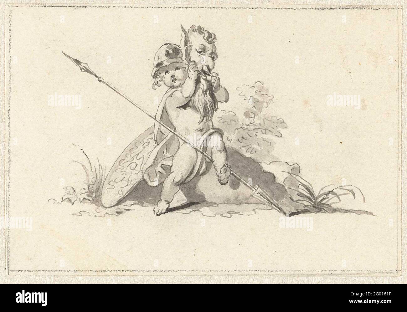 Putto in armor with mask. Design for a title page and print Stock Photo ...