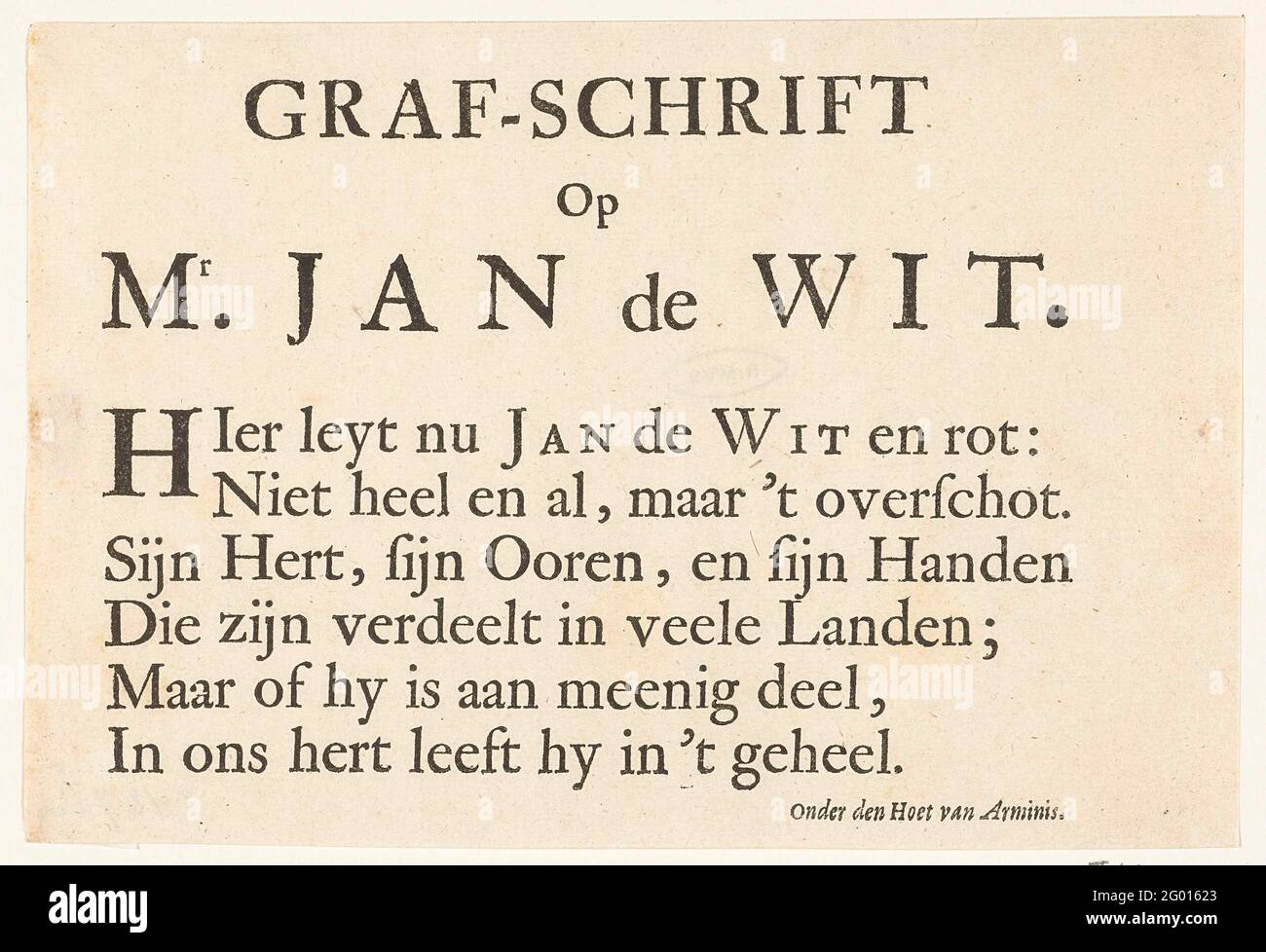 Burial on Johan de Witt, 1672; Graf-Script on Mr. Jan De Wit. Six-round ...