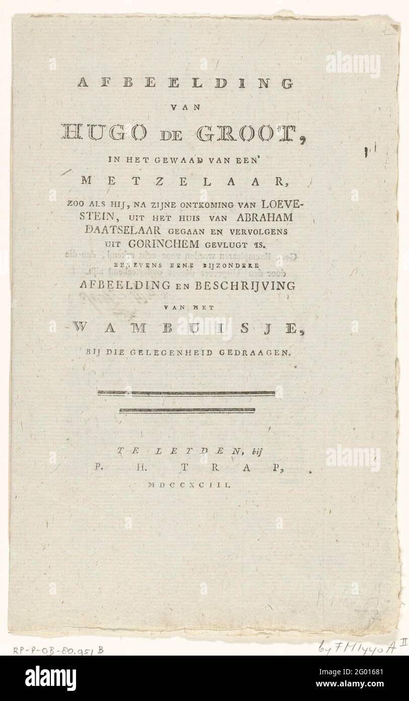 Booklet with a printed description of the flight of Hugo de Groot in ...