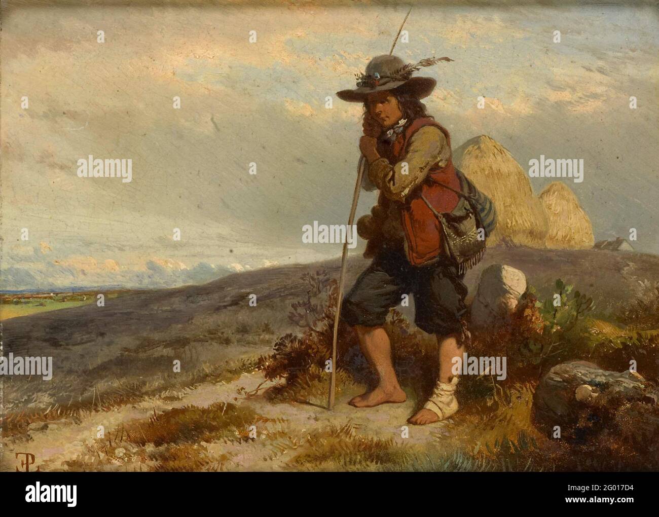 A Young Herdsman. A shepherd boy standing on a hilltop, leaning on his ...