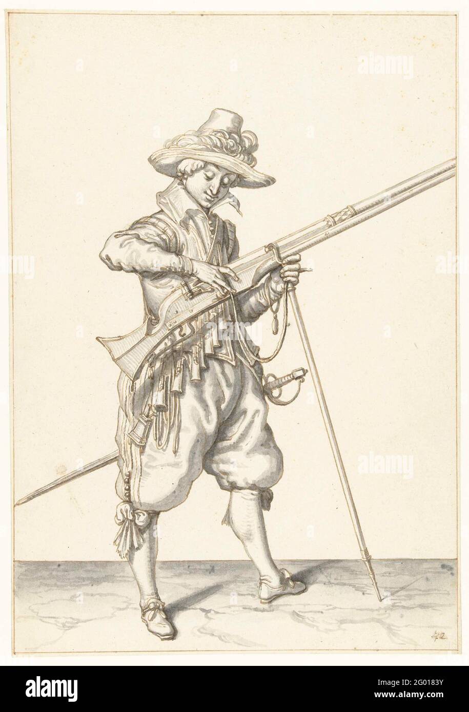 Soldier on guard that gives the wick on the rooster of his musket the ...