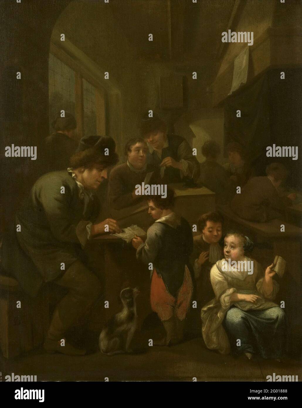 The Schoolmaster. A schoolmaster in his classroom looks after a student ...