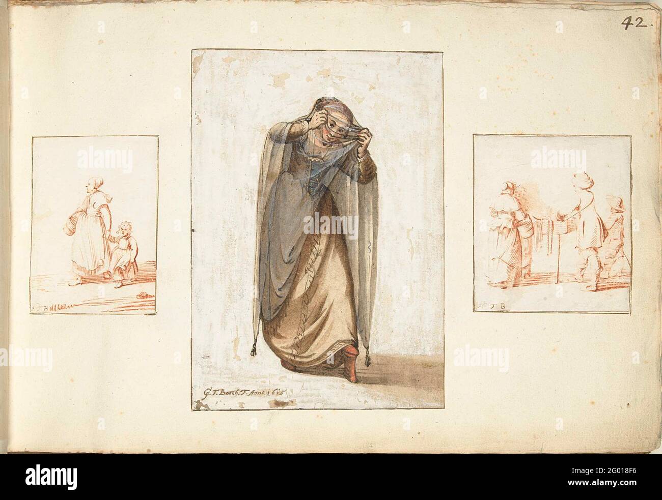 Woman with child, a courtse and a pedlar. Three placed drawings, two of ...