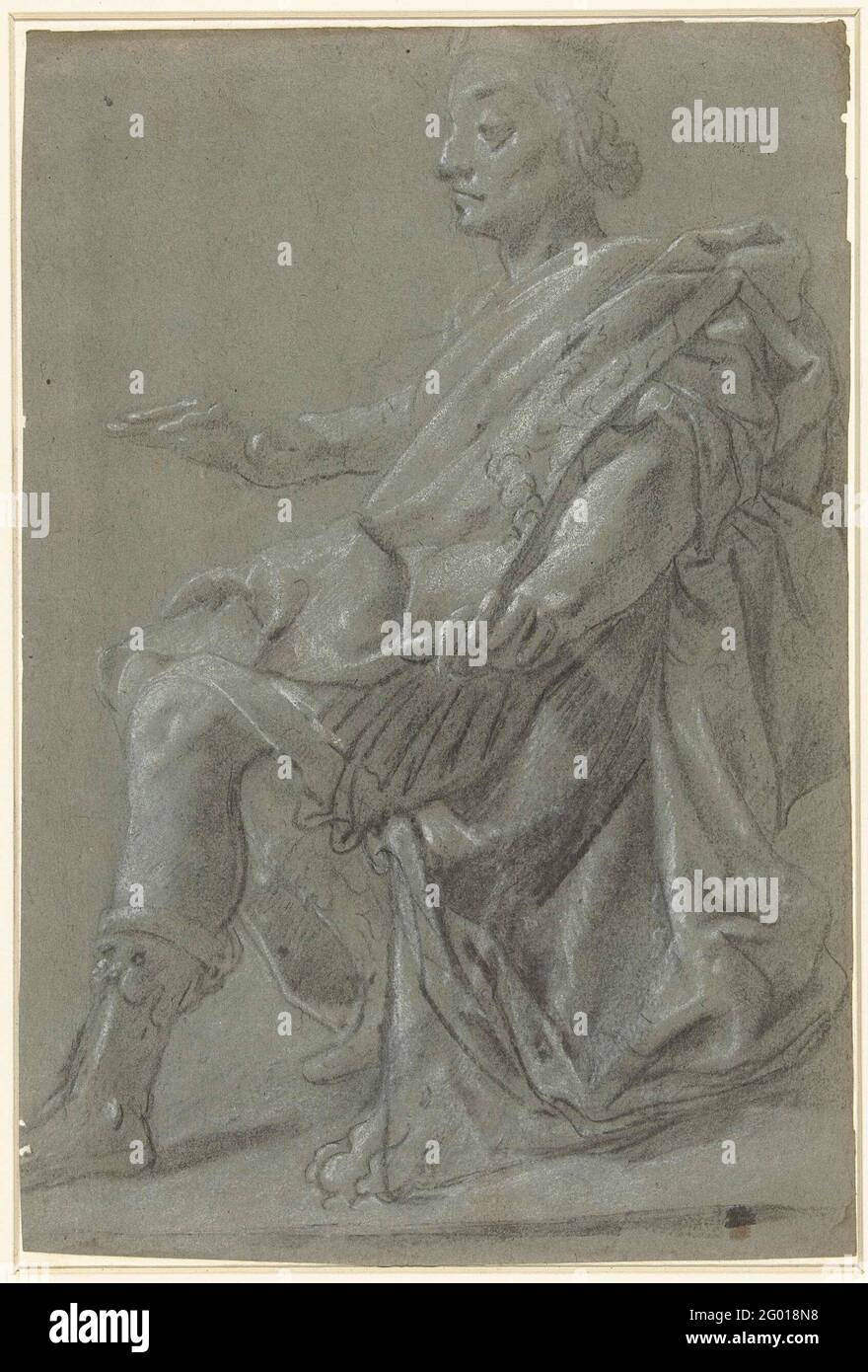 Sitting frost with arms outstretched; Sketch sheets with figure studies ...