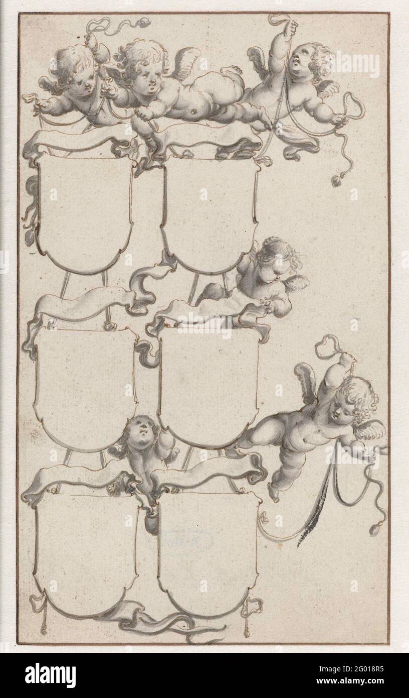 Six putti with coats of arms. Design for a print Stock Photo - Alamy