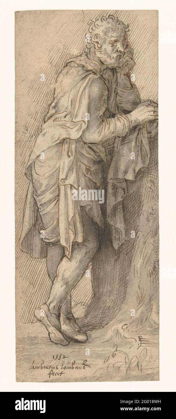 Standing man with his right arm resting on a tree stump Stock Photo - Alamy