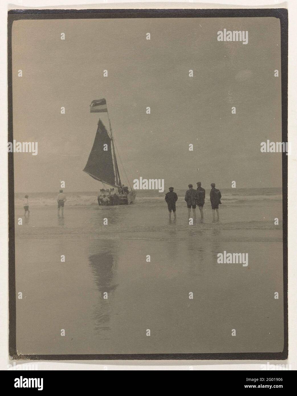 Sailing ship in shallow water on the coast (North Sea coast), the ...
