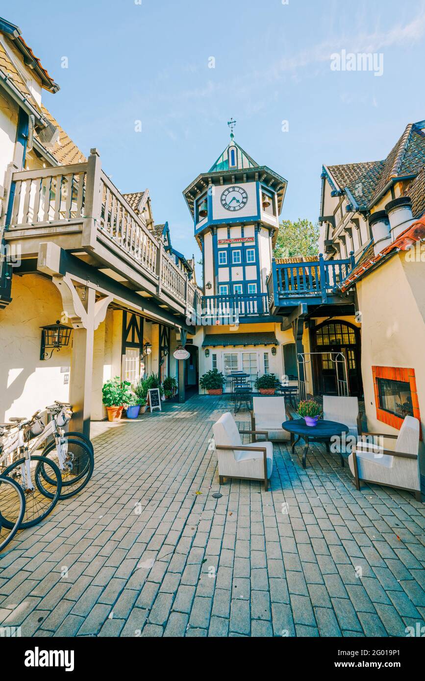 Solvang, California, USA - May 29, 2021 Tivoli Square Clock Tower in ...