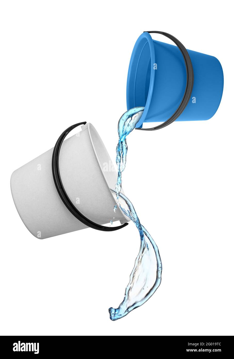 Flying plastic buckets with pouring water on white background Stock ...