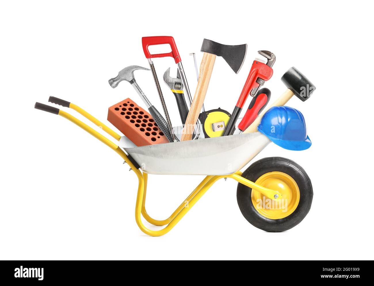 Wheelbarrow with construction tools on white background Stock Photo - Alamy