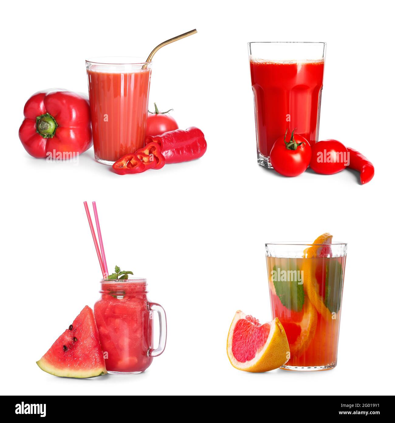 Different healthy red juices on white background Stock Photo - Alamy