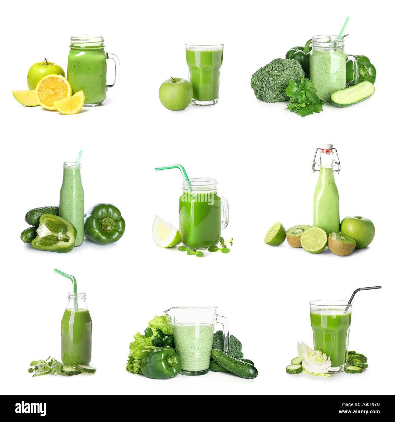 Different healthy green juices on white background Stock Photo - Alamy