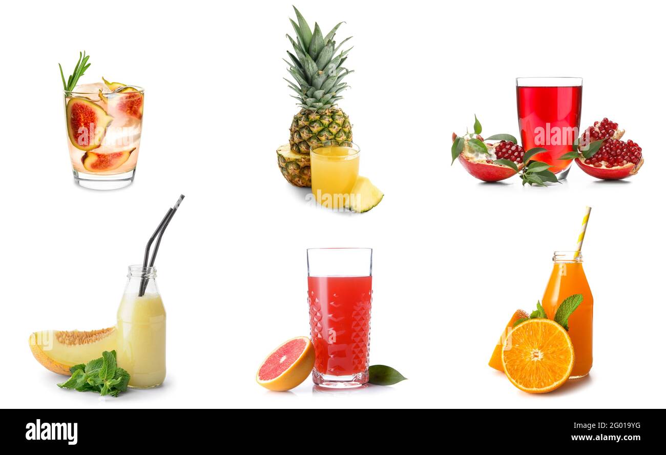Different healthy fruit juices on white background Stock Photo - Alamy
