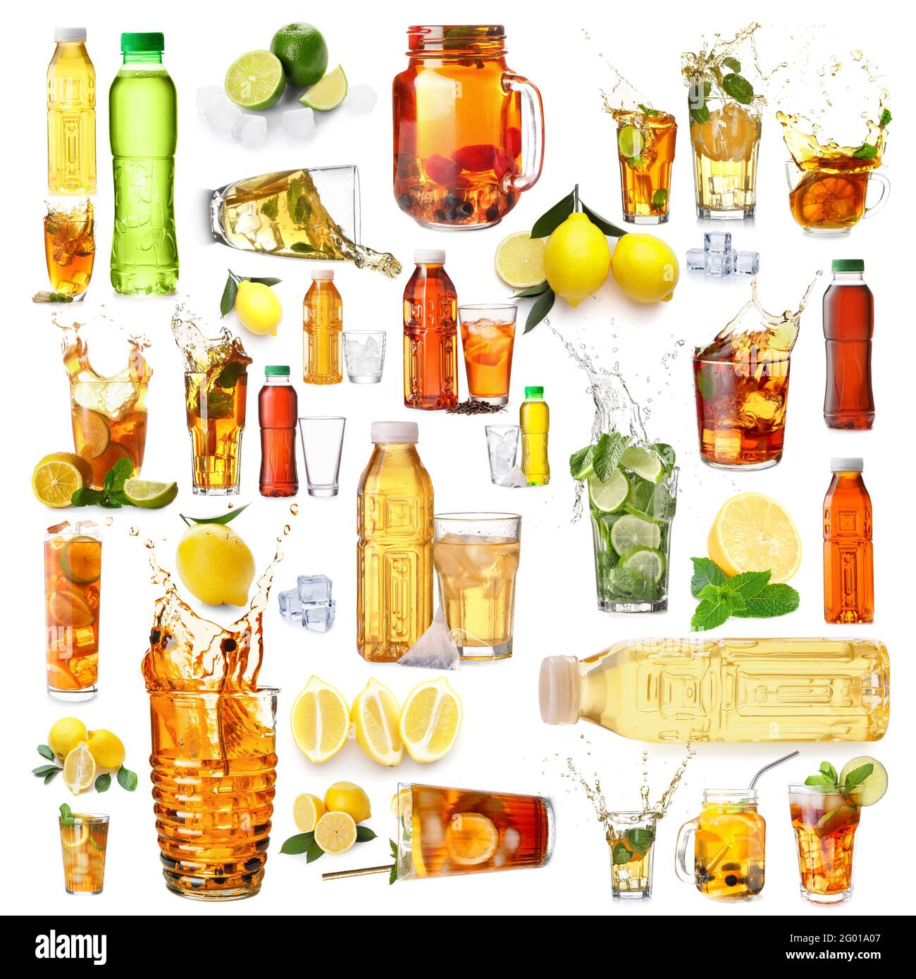 Collage of tasty cold tea on white background Stock Photo - Alamy