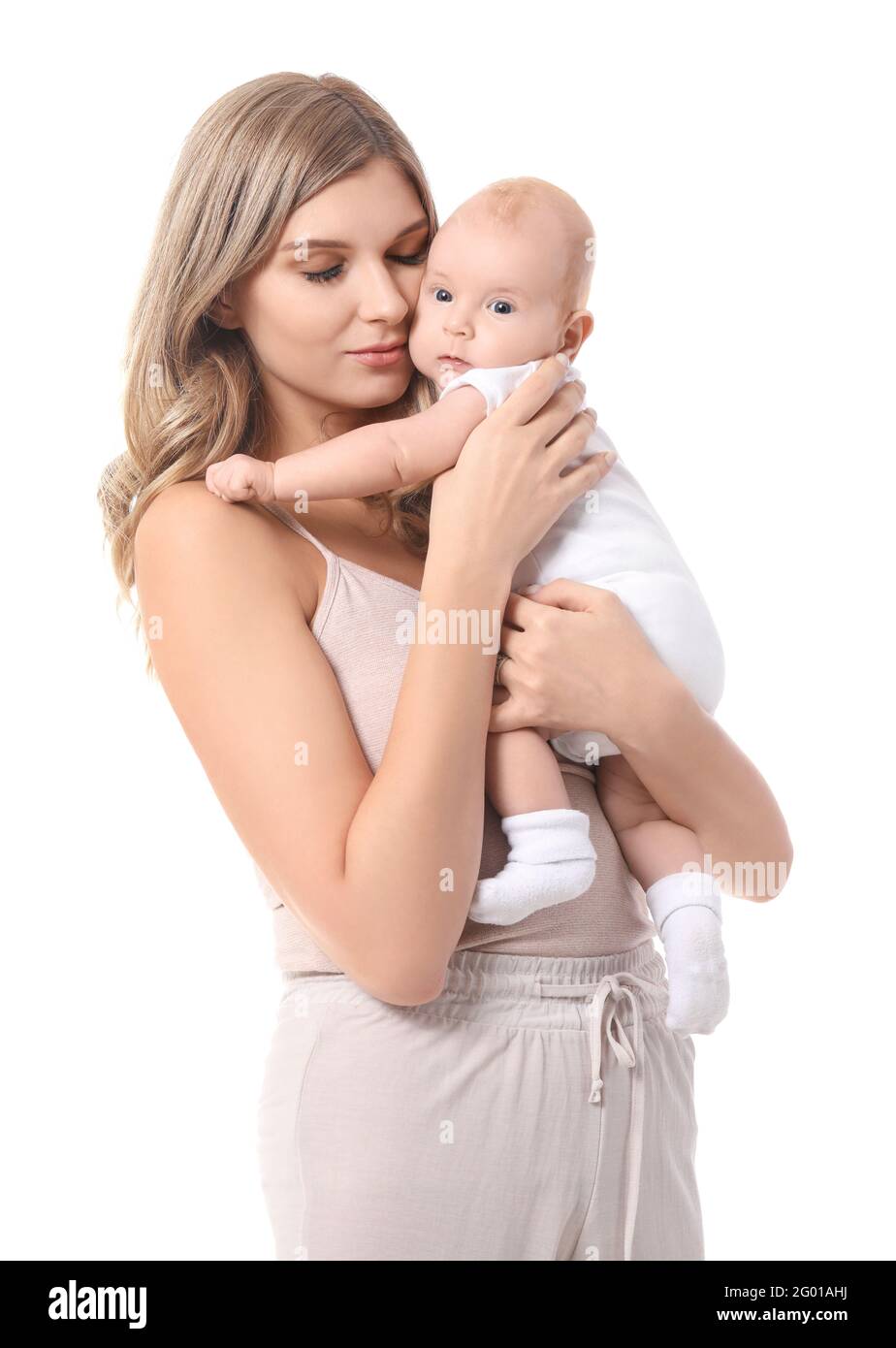 Happy mother with cute little baby on white background Stock Photo - Alamy