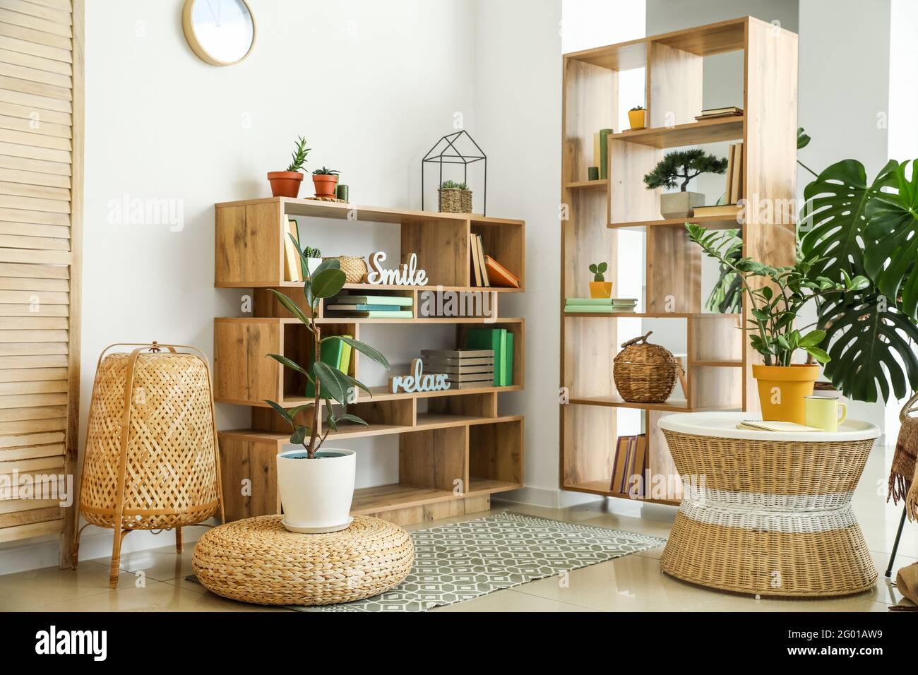 Interior of modern room with shelf units Stock Photo - Alamy