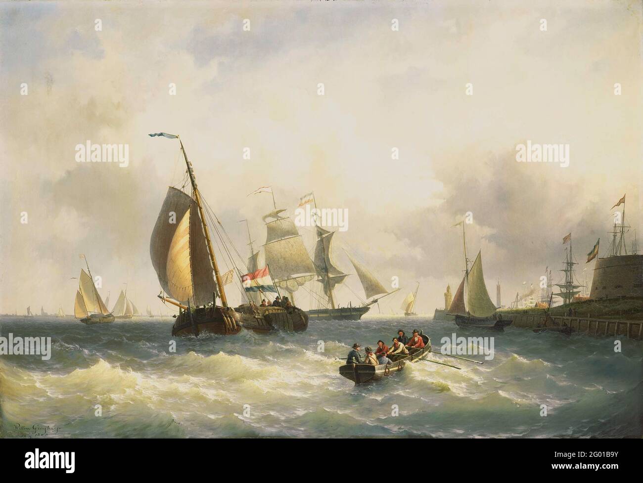 Anchorage at Bremerhaven. A number of sailing ships on a turbulent sea ...