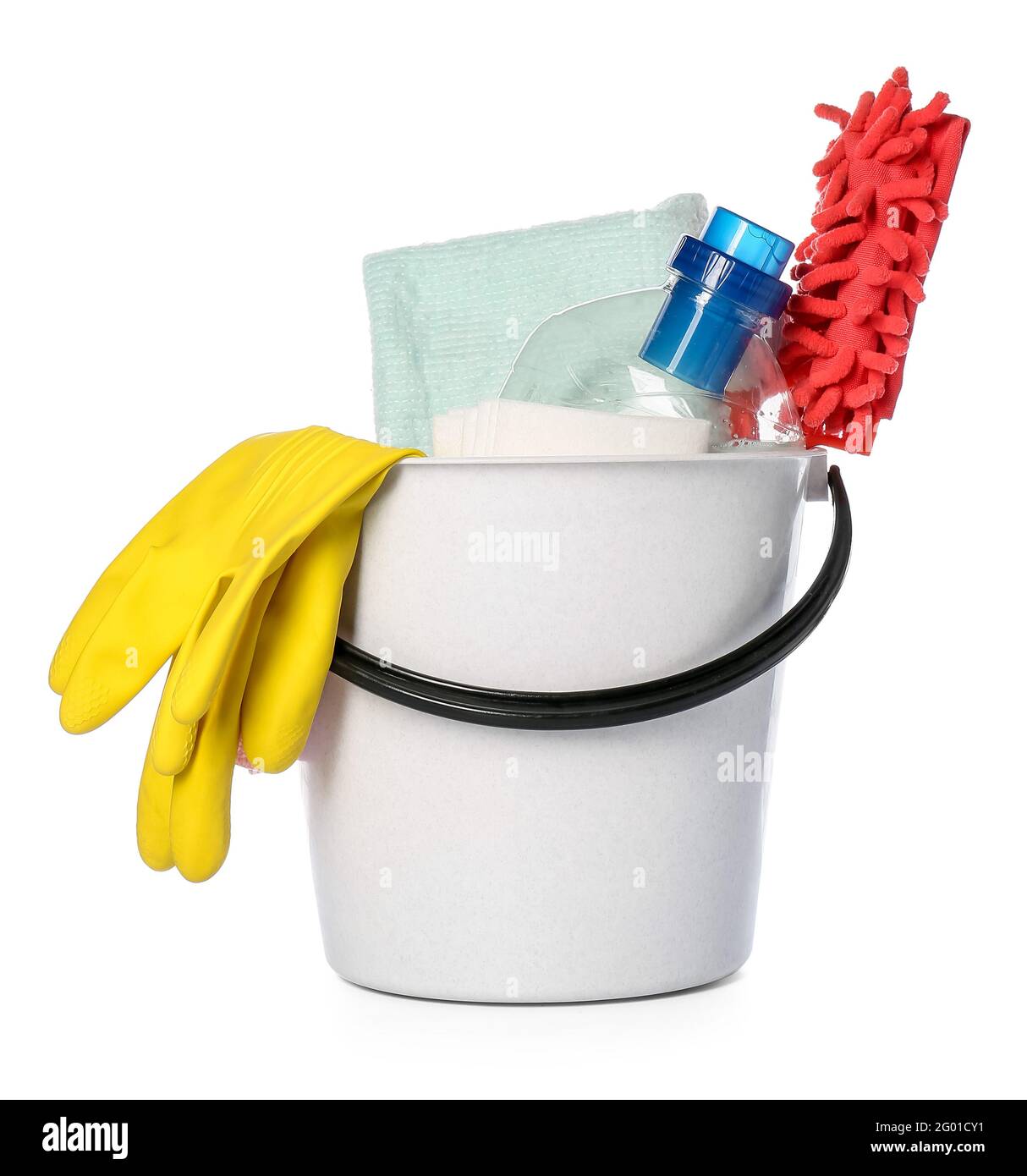 Bucket with cleaning supplies on white background Stock Photo - Alamy
