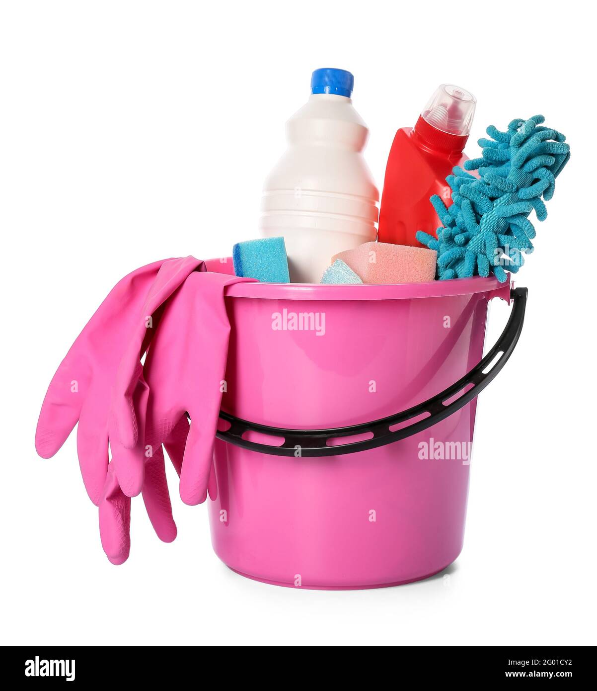 Bucket with cleaning supplies on white background Stock Photo - Alamy