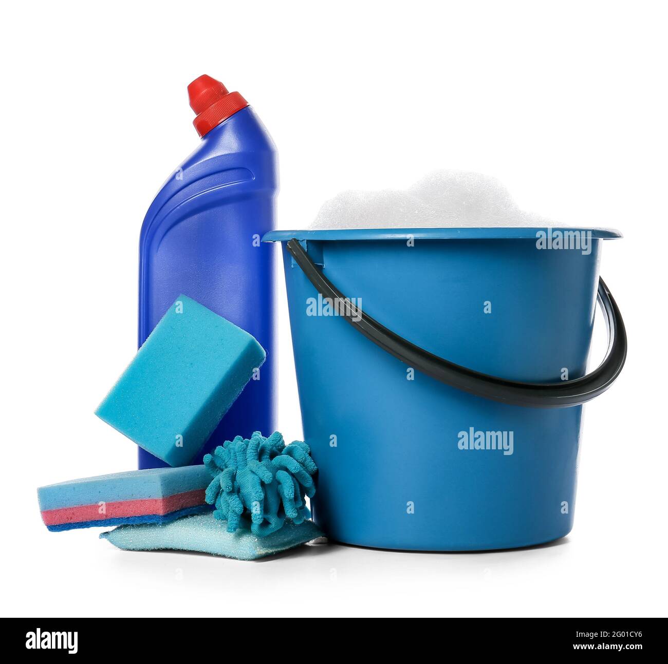 Bucket with cleaning supplies on white background Stock Photo - Alamy