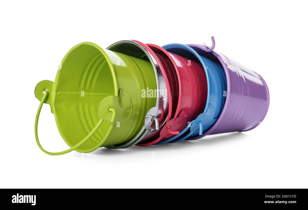 Color buckets on white background Stock Photo - Alamy