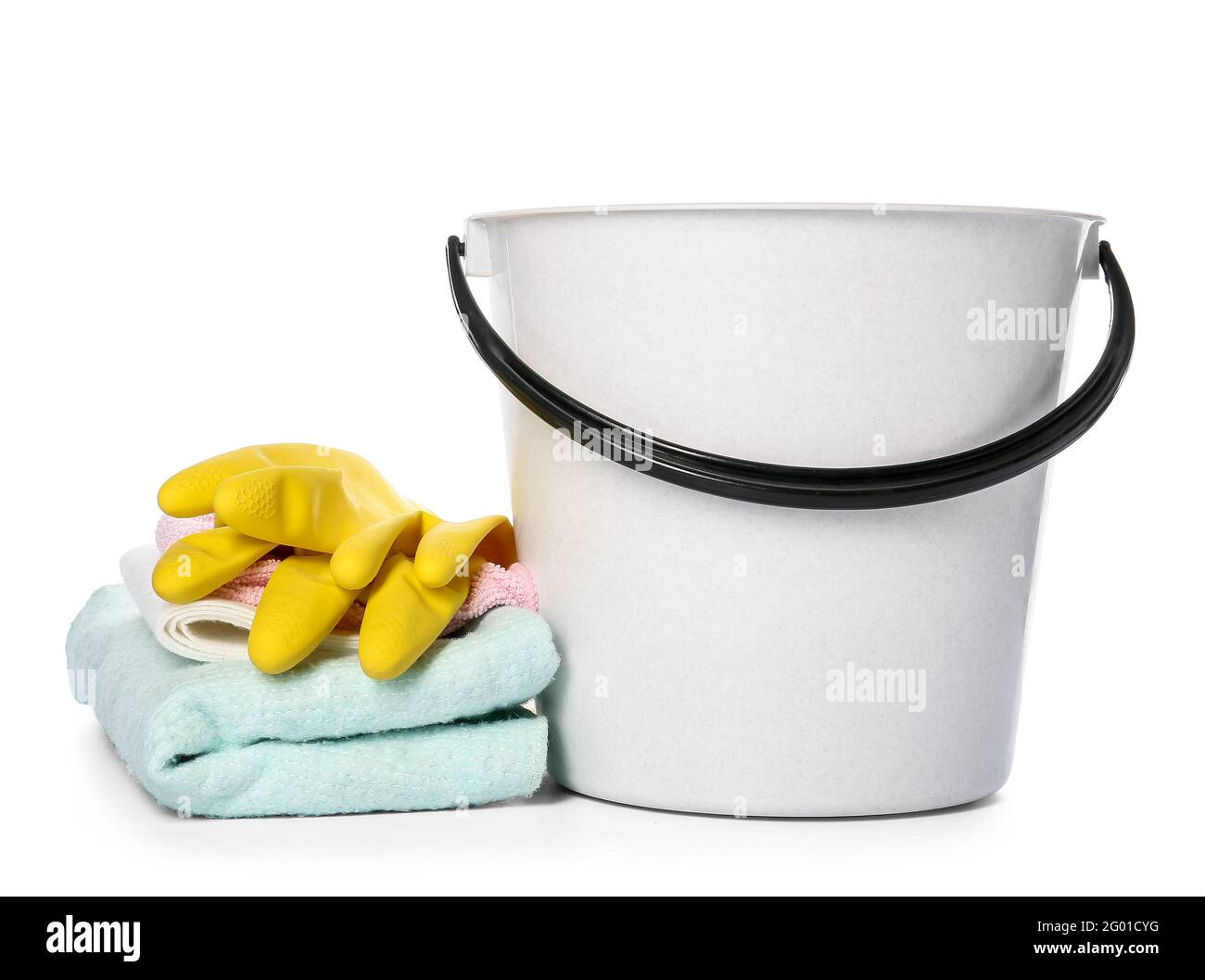 Bucket with cleaning supplies on white background Stock Photo - Alamy