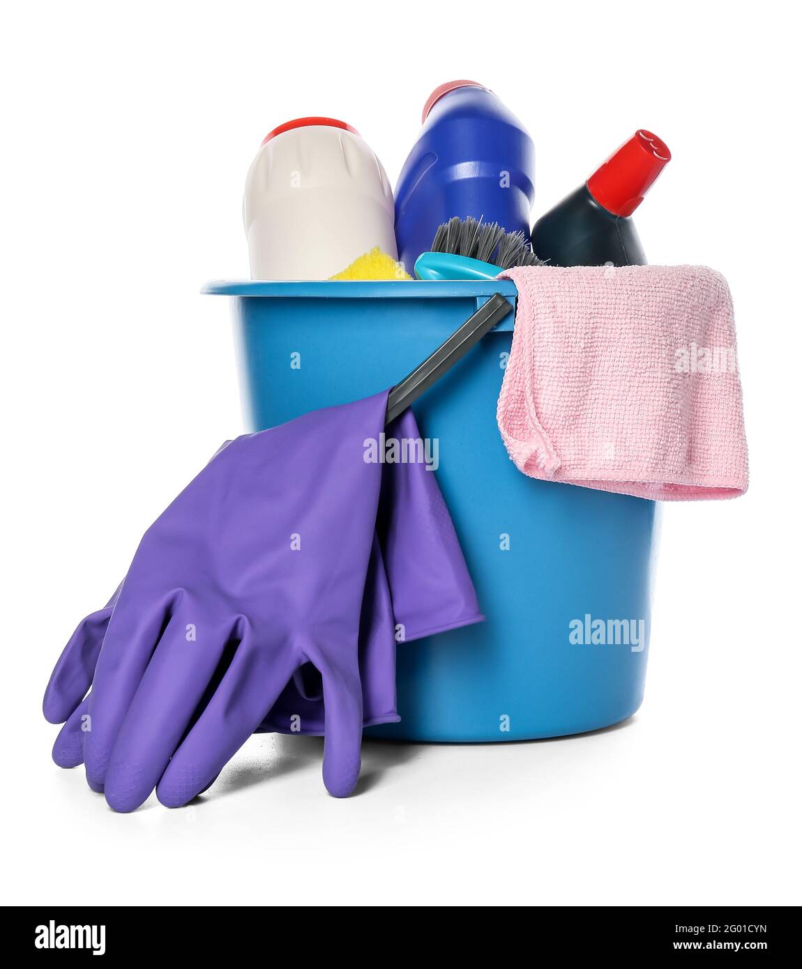 Bucket with cleaning supplies on white background Stock Photo - Alamy