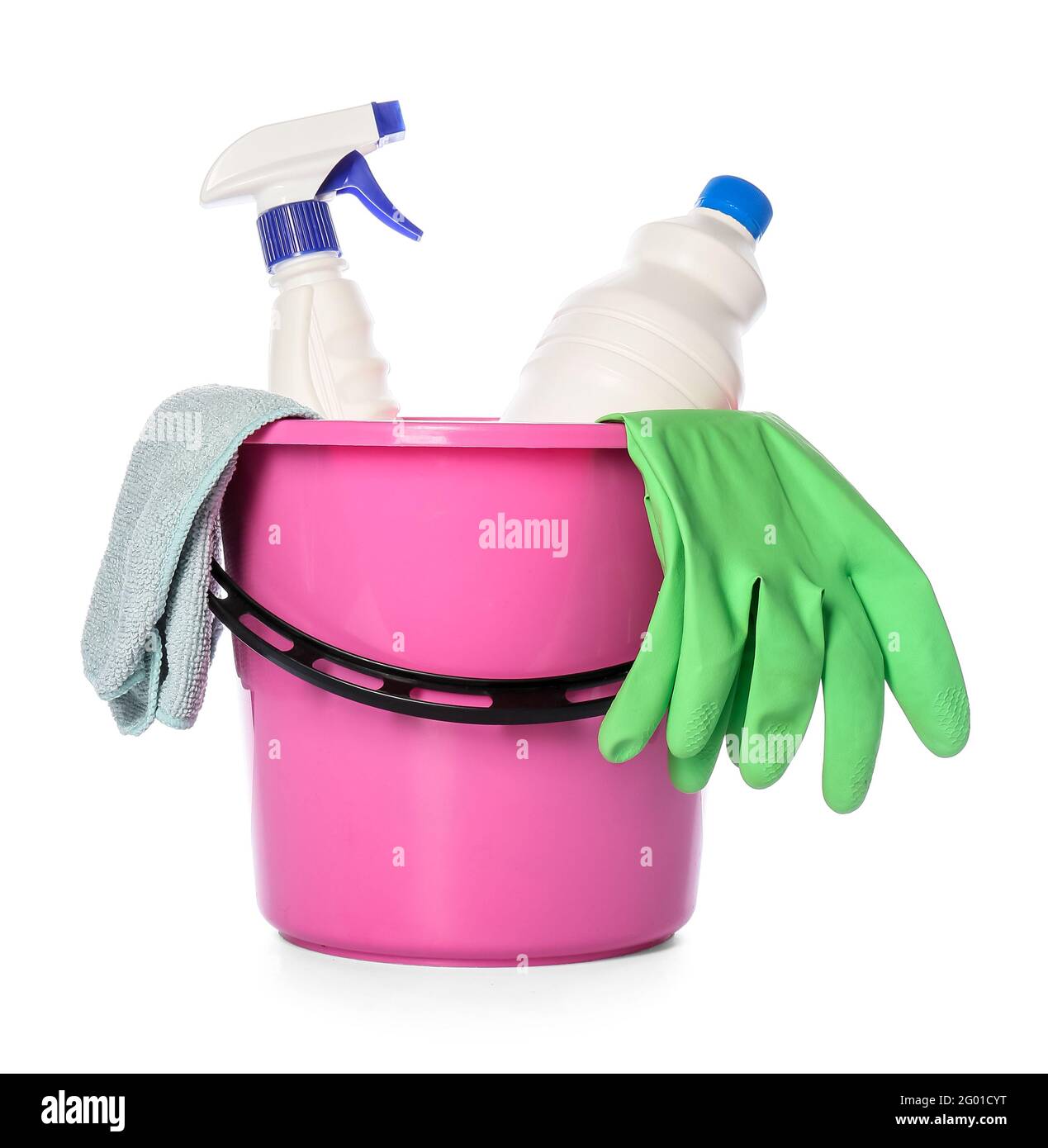 Bucket with cleaning supplies on white background Stock Photo - Alamy