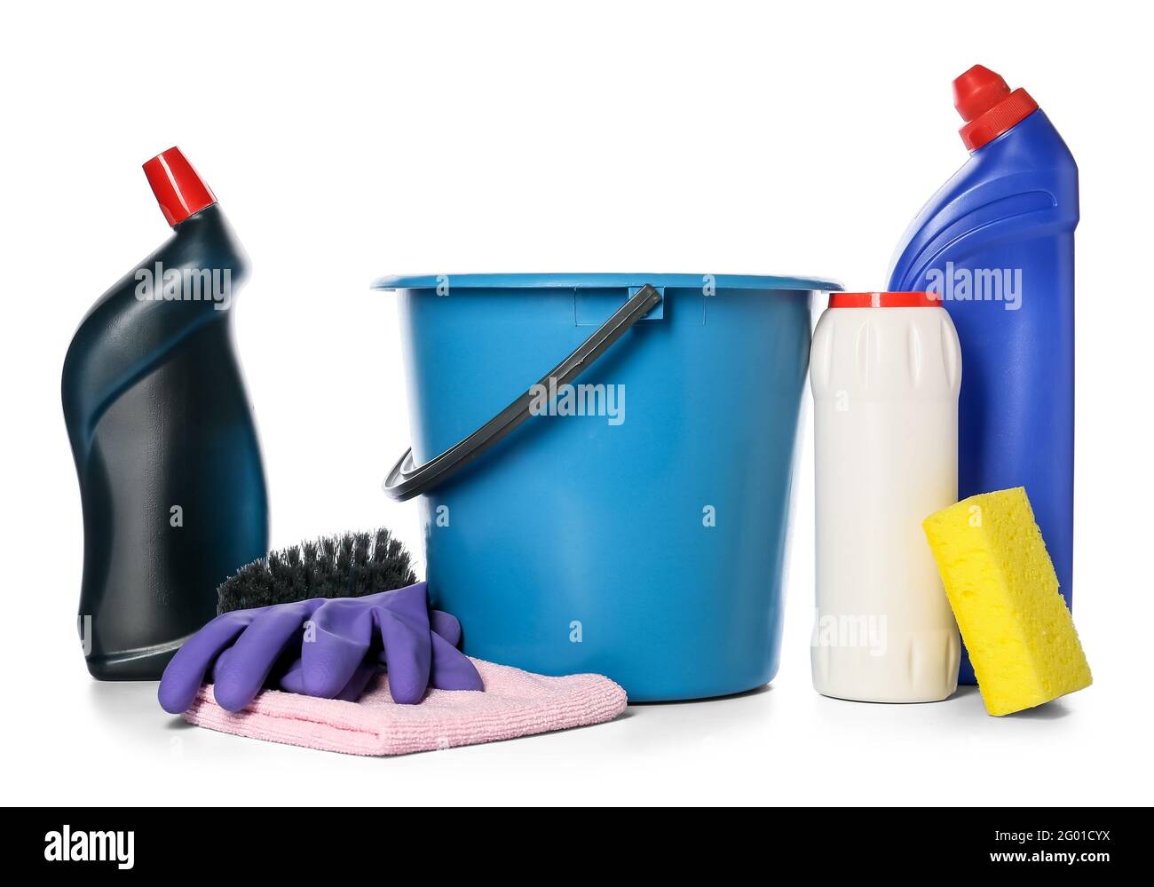 Bucket with cleaning supplies on white background Stock Photo - Alamy