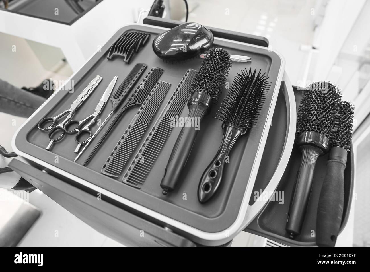 Set of professional hairdresser's tools on table in salon Stock Photo ...
