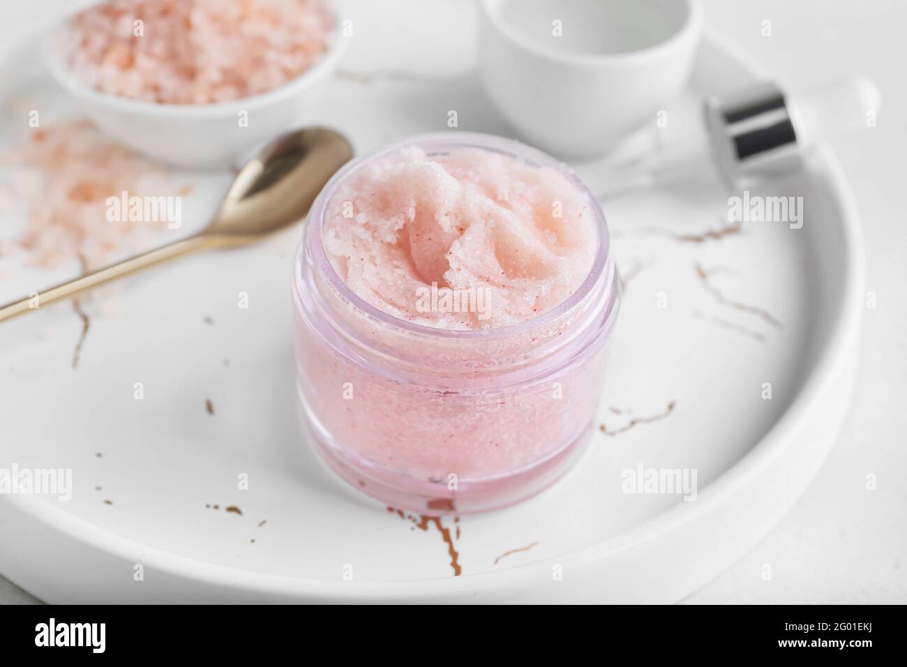 Tray with natural scrub and ingredients on white background, closeup ...