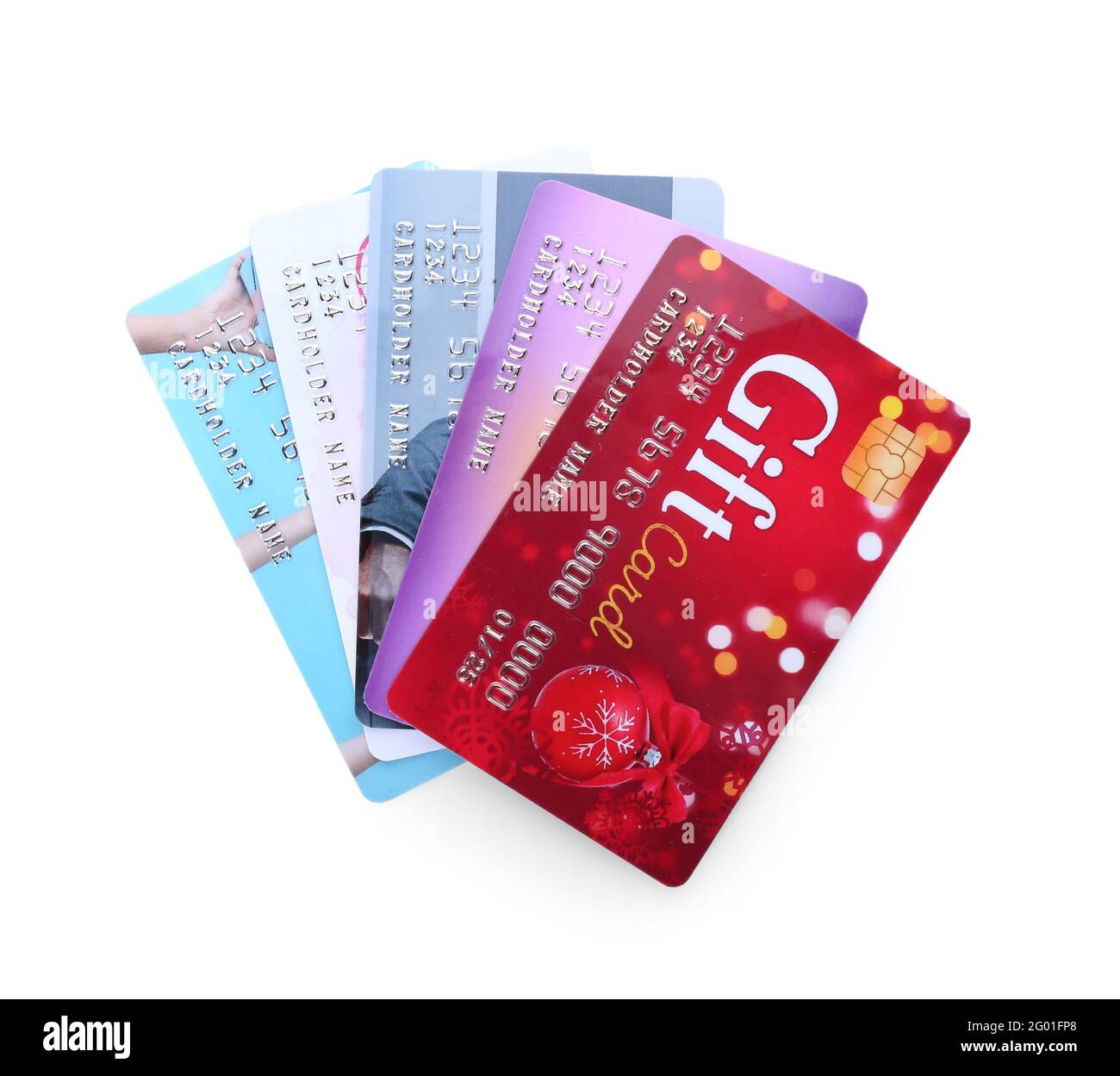 Gift cards on white background Stock Photo - Alamy